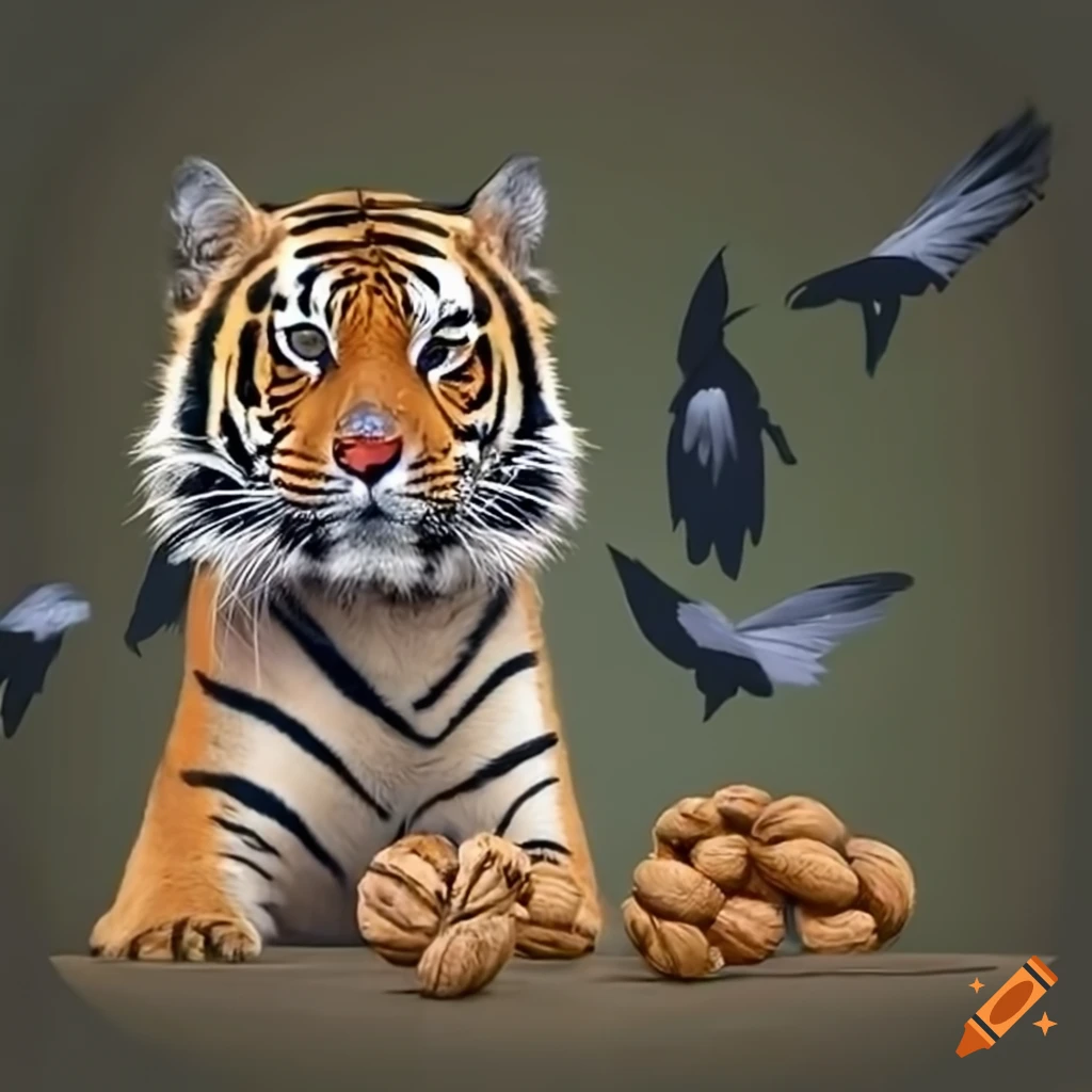 Tiger surrounded by crows in a forest on Craiyon