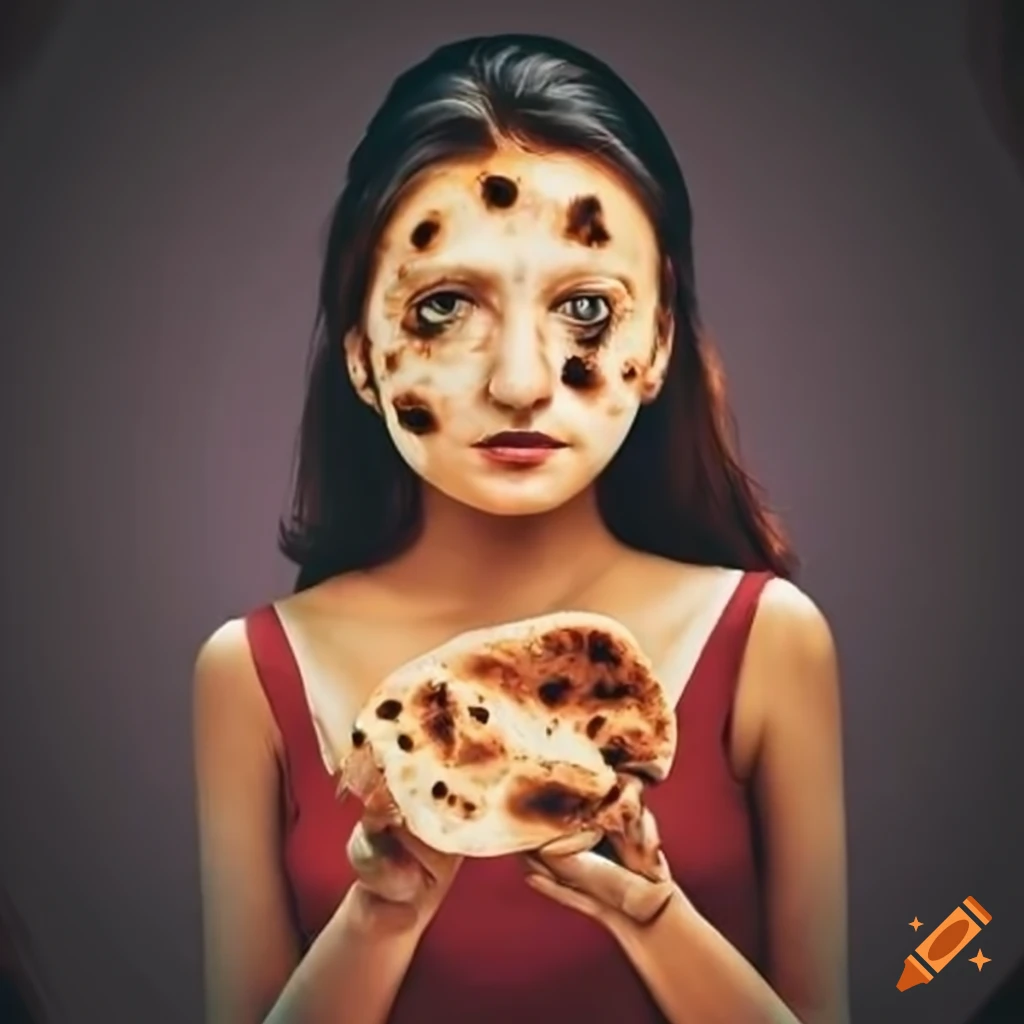 Woman with a naan bread mask