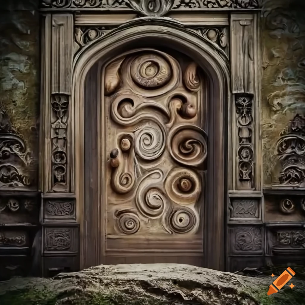 Carved witchcraft symbols on a shale rock door on Craiyon