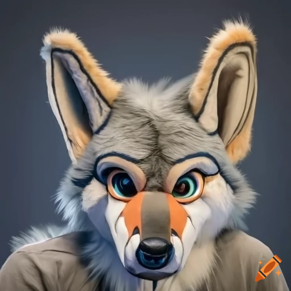 Close-up of a wolf fursuit head on Craiyon
