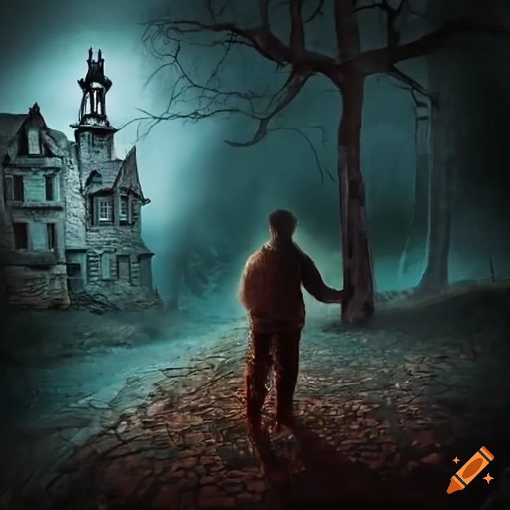 Man standing in front of a haunted house