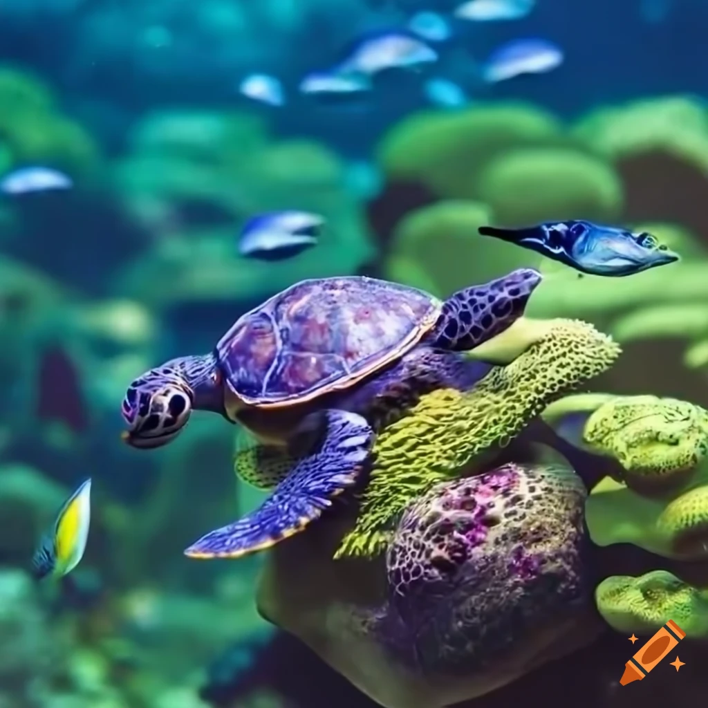Image of a purple turtle swimming in a coral reef on Craiyon