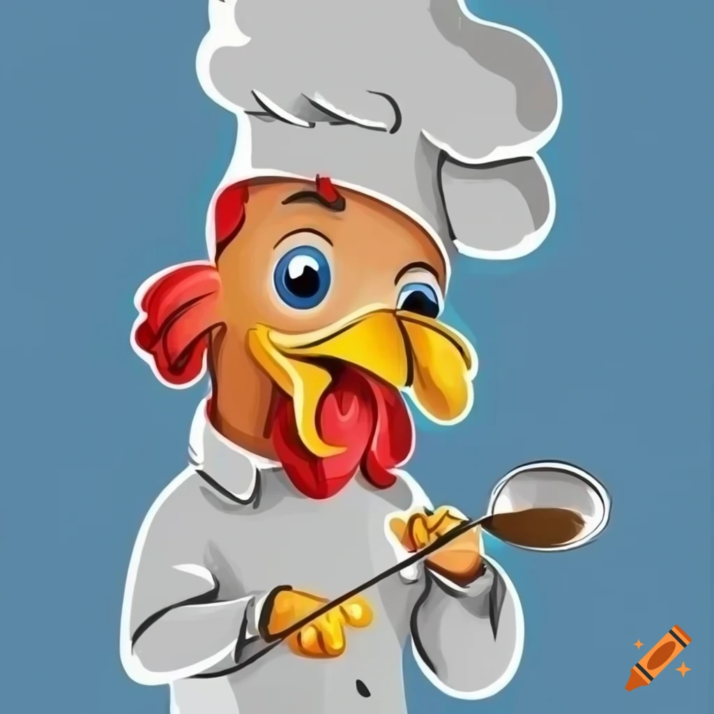 Cartoony rooster with beret holding a baguette in a friendly pose on ...