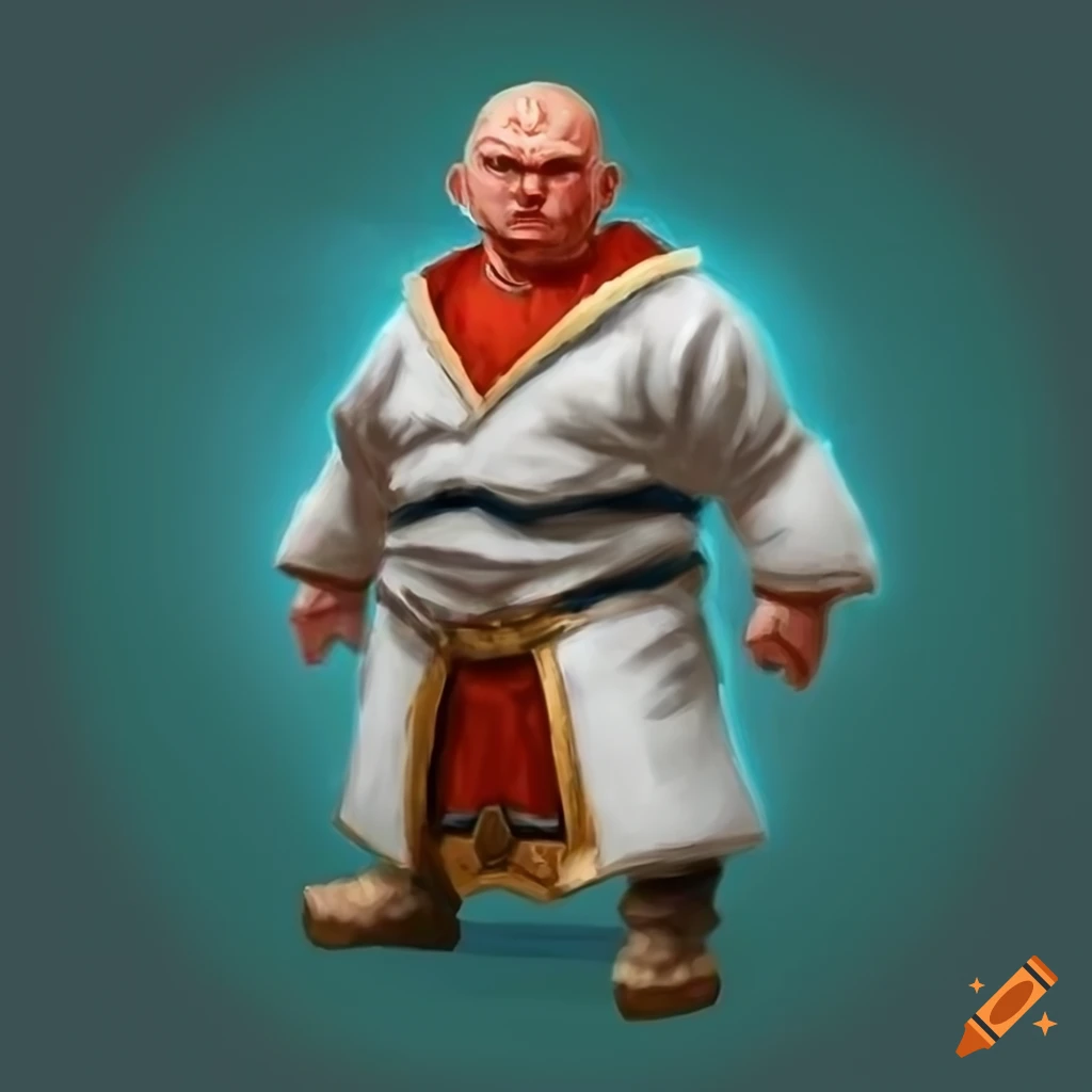 Artwork of a chubby dwarf monk in a fantasy landscape on Craiyon