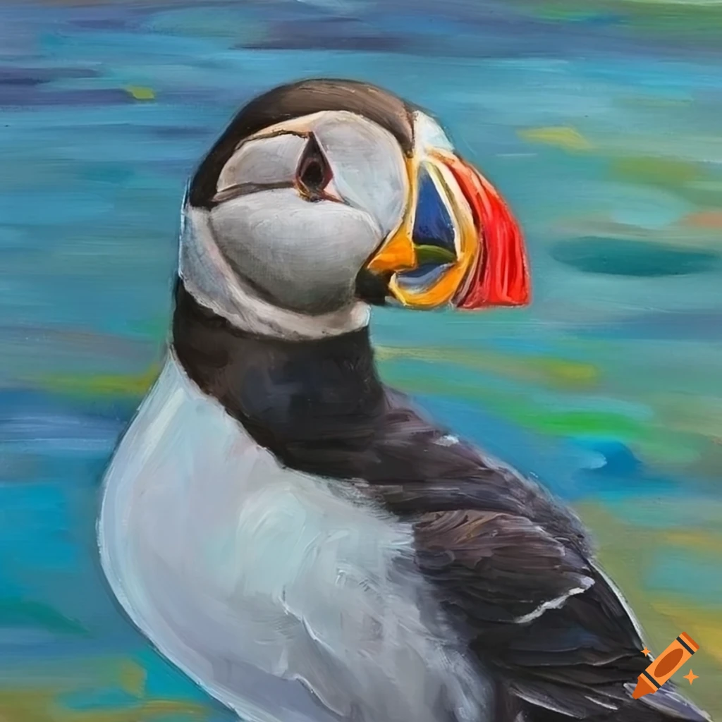 Puffin surrounded by peony and orchid flowers in watercolor on Craiyon