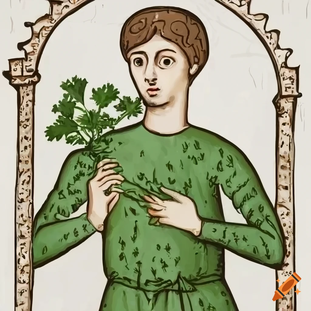 Medieval illustration of a young man holding parsley on Craiyon
