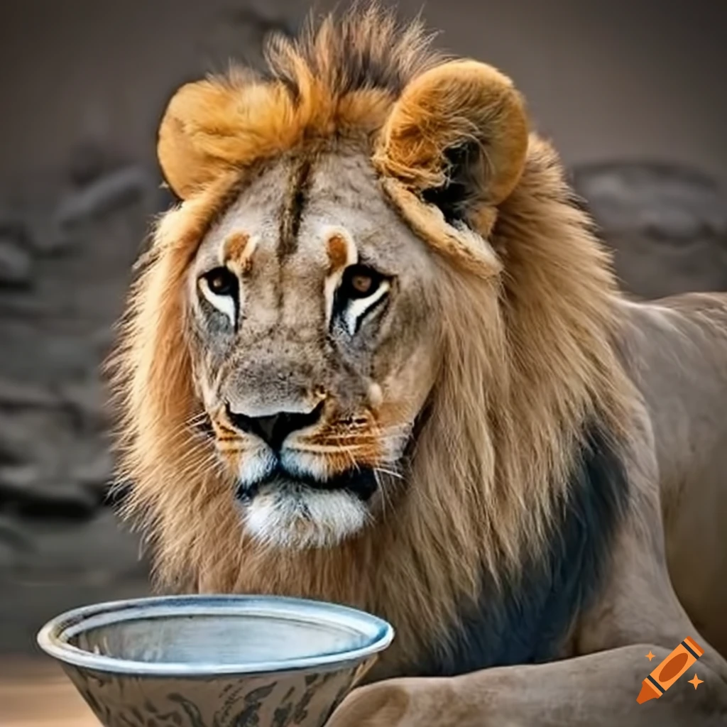 Lion sitting and feeding on wheat bran from a bowl on Craiyon