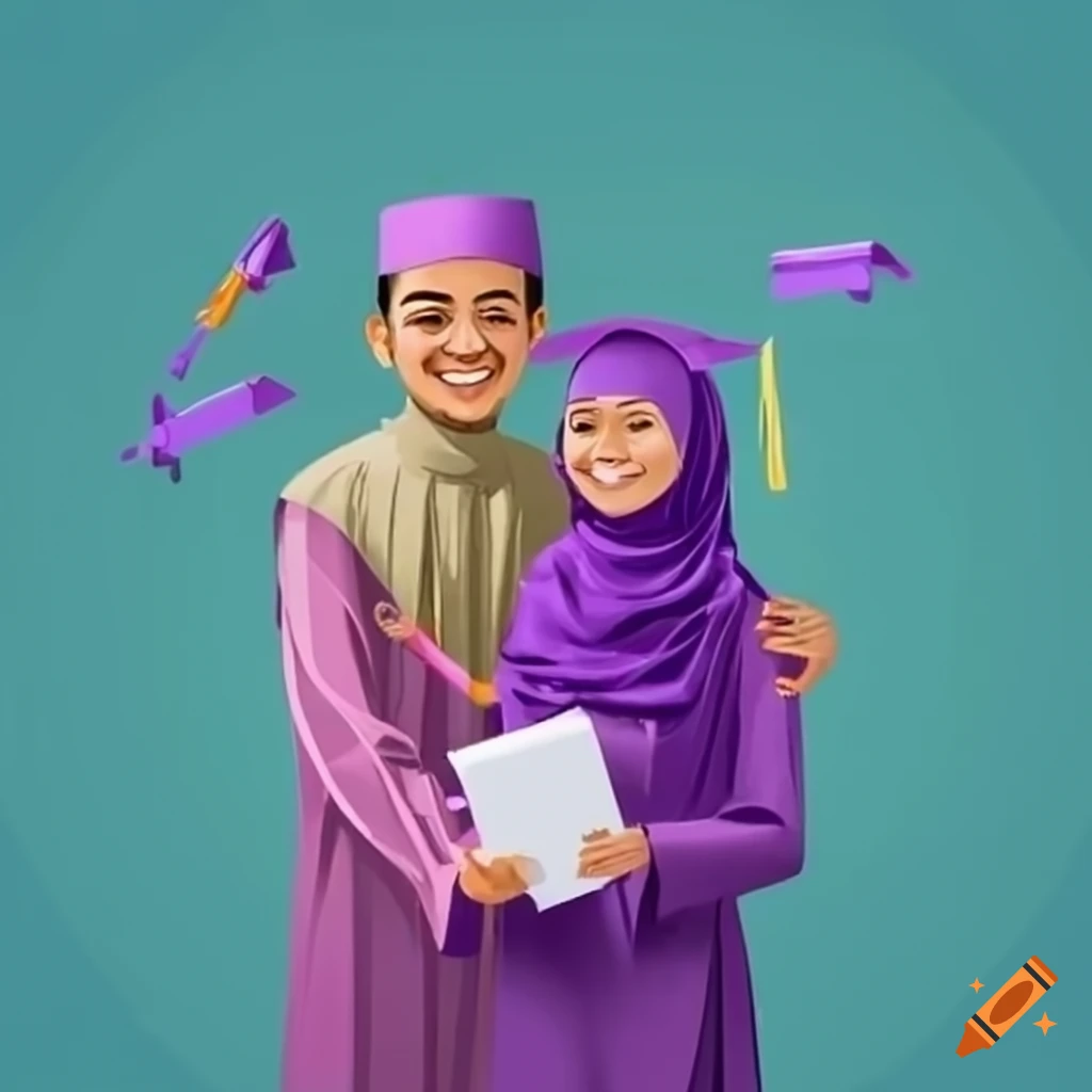 Muslim couple holding purple degree on Craiyon