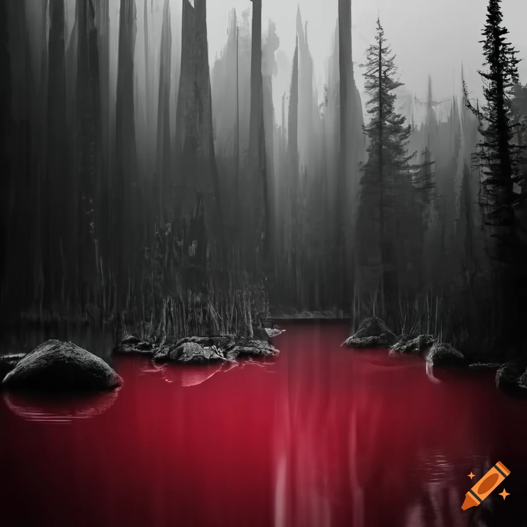 Red lake in a grayscale landscape on Craiyon