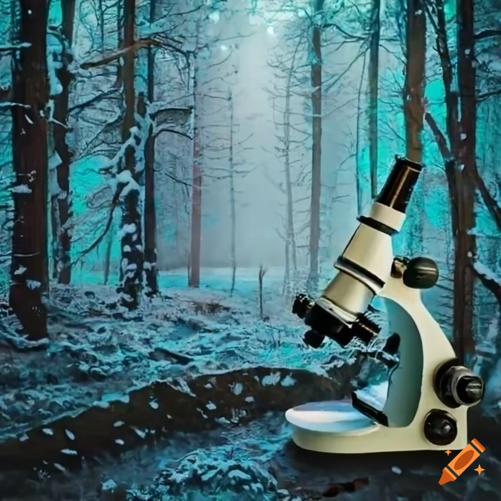 Psychedelic winter forest art with microscope setup on Craiyon