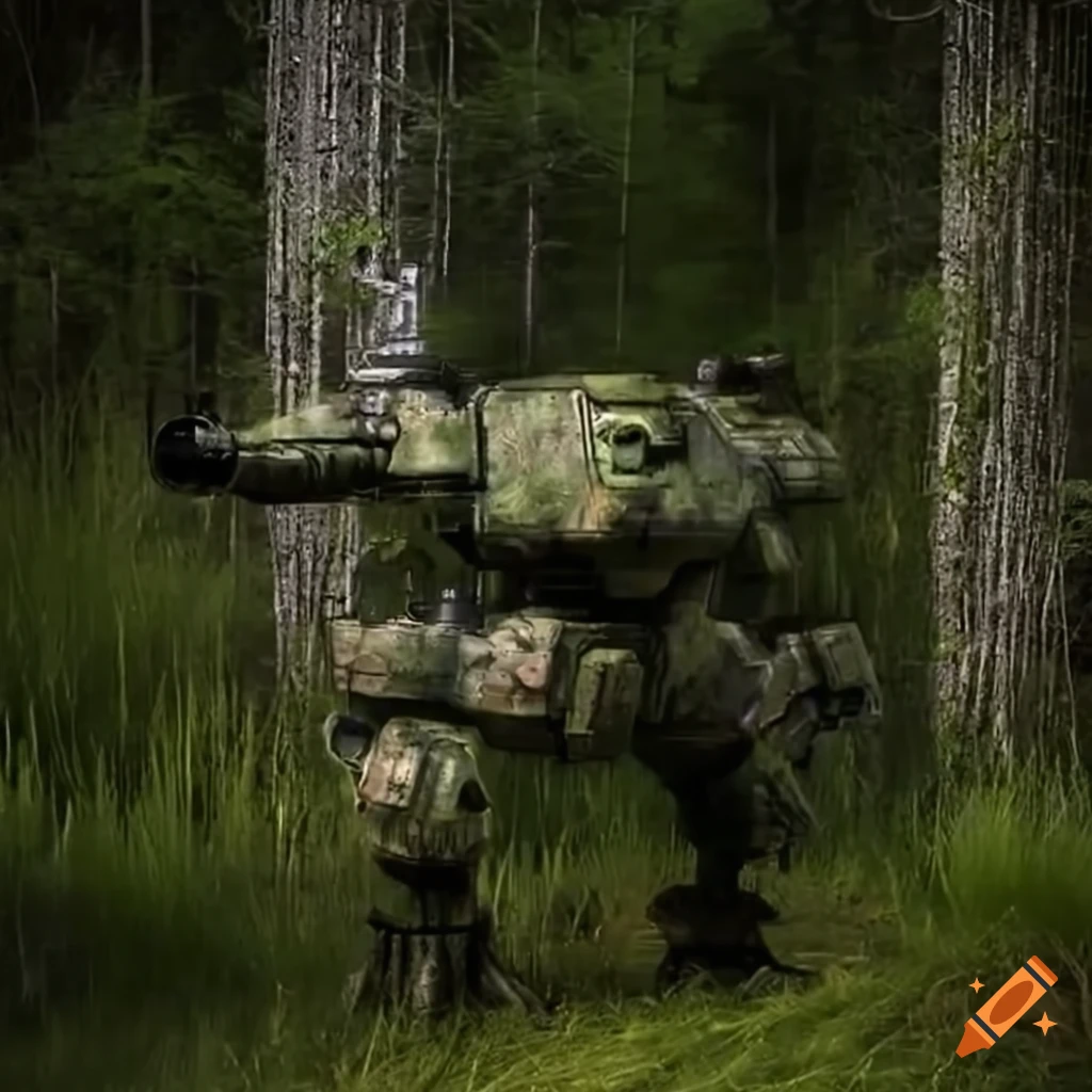 Camouflaged armored mech scanning a marshy forest on Craiyon