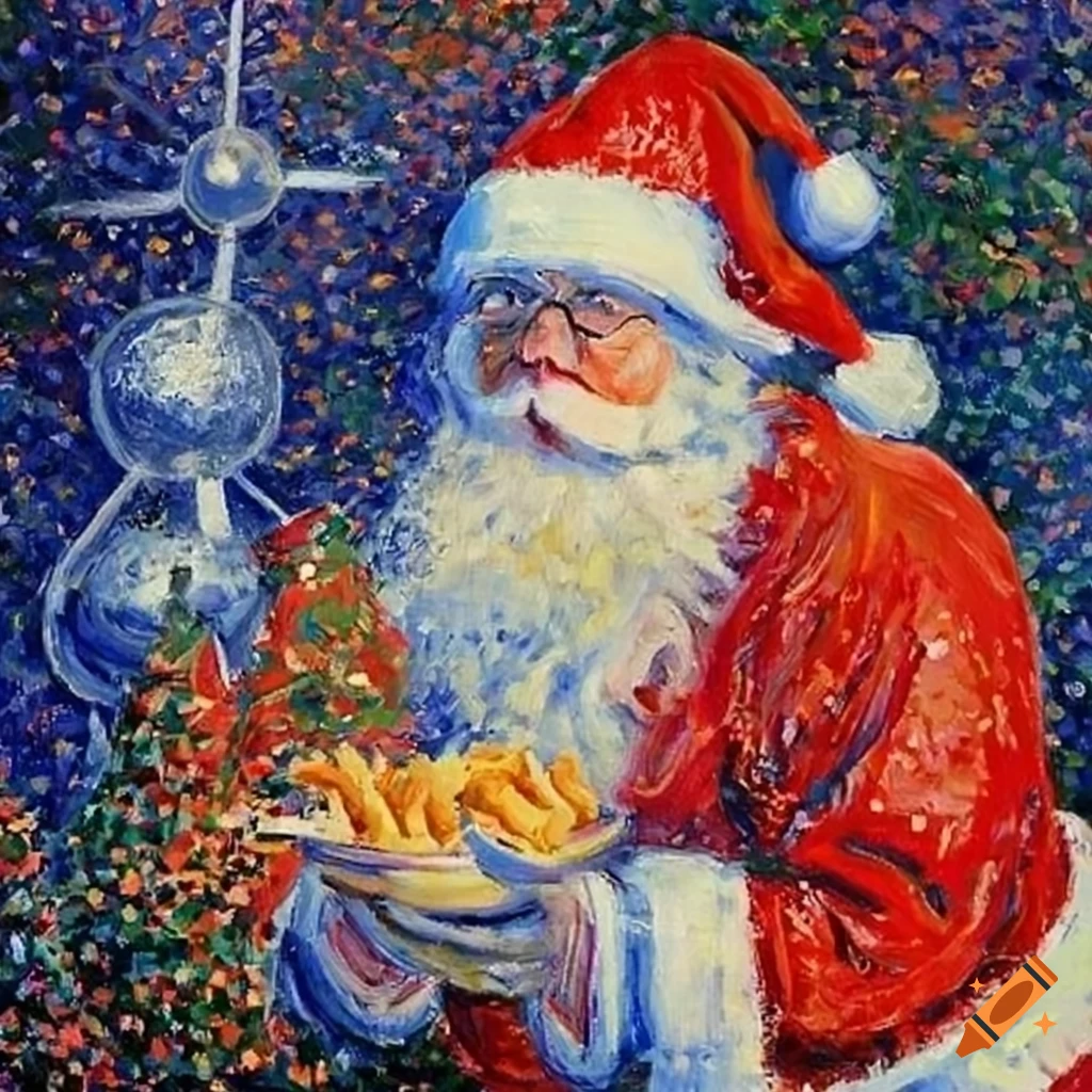 Impressionist painting of Santa Claus and Atomium in Belgium on Craiyon