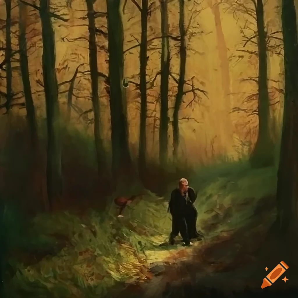 Painting of a man walking his dog in the forest