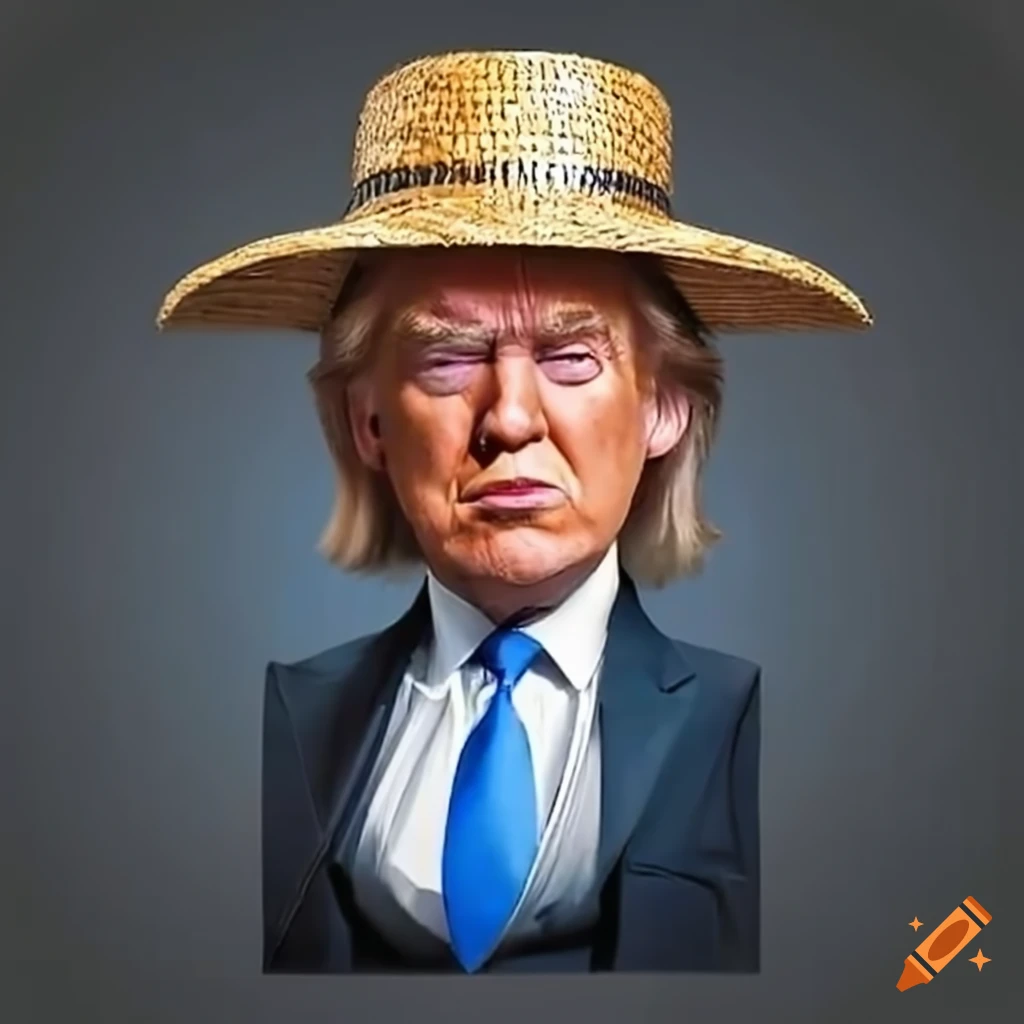 Satirical illustration of donald trump wearing a straw hat on Craiyon