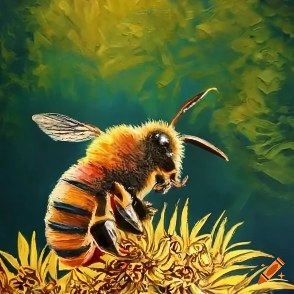 Bee riding a wave on a surfboard in a whimsical illustration on Craiyon