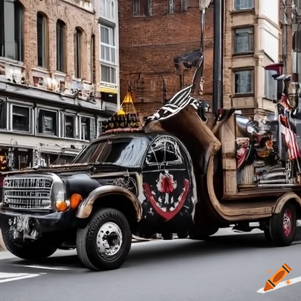 Pirate ship-themed truck in a parade on Craiyon