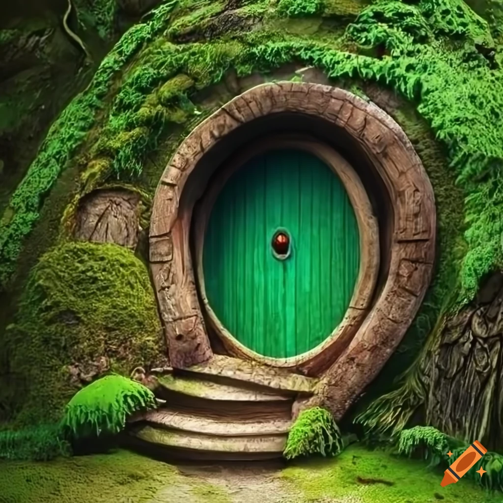 Hobbit's door with african symbols and moss backdrop on Craiyon