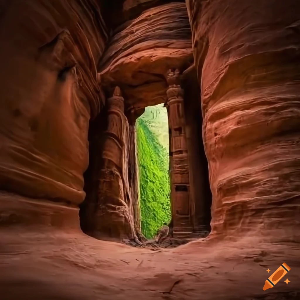Ancient Petra-style door on a cliff on Craiyon