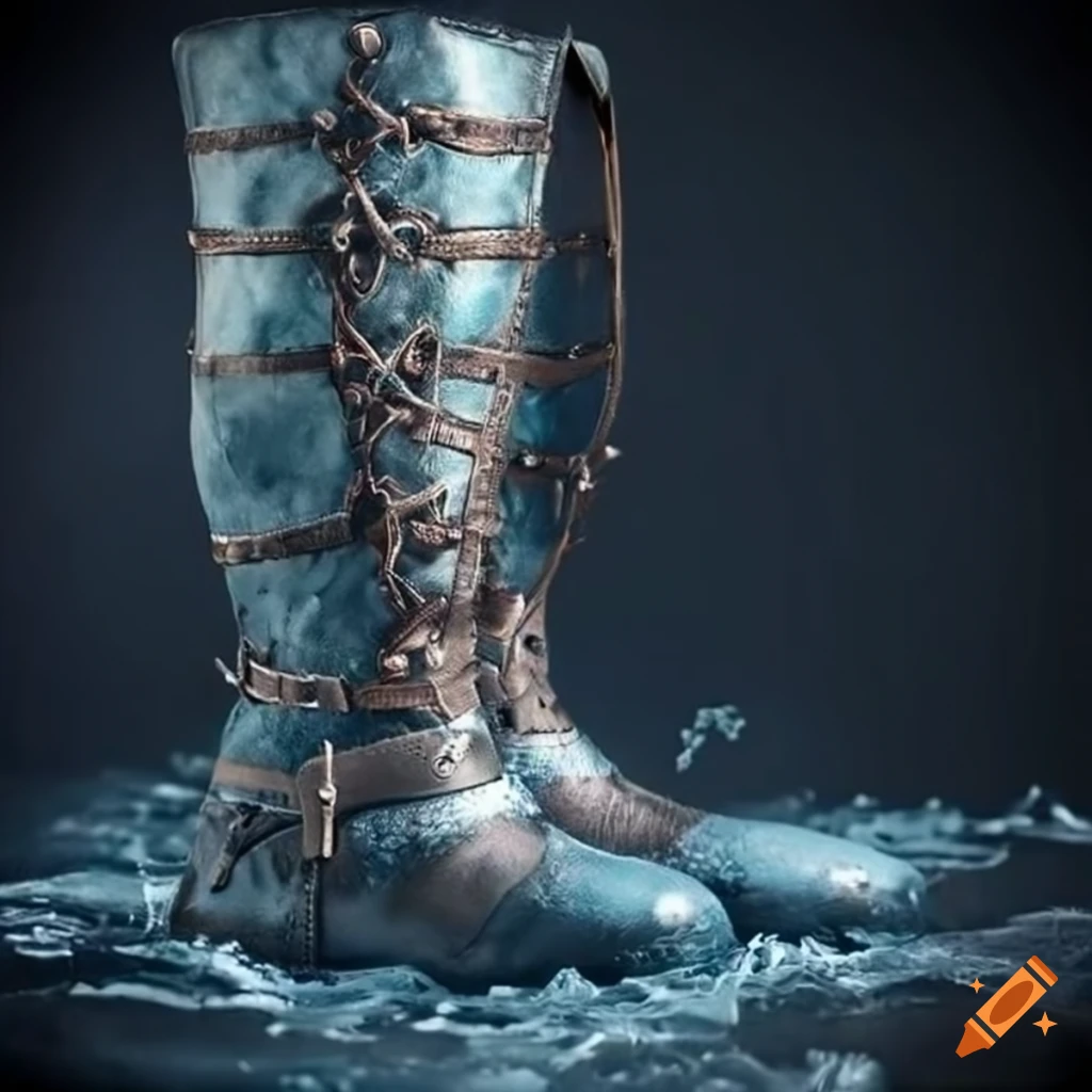 Medieval-inspired ice boots on black background on Craiyon