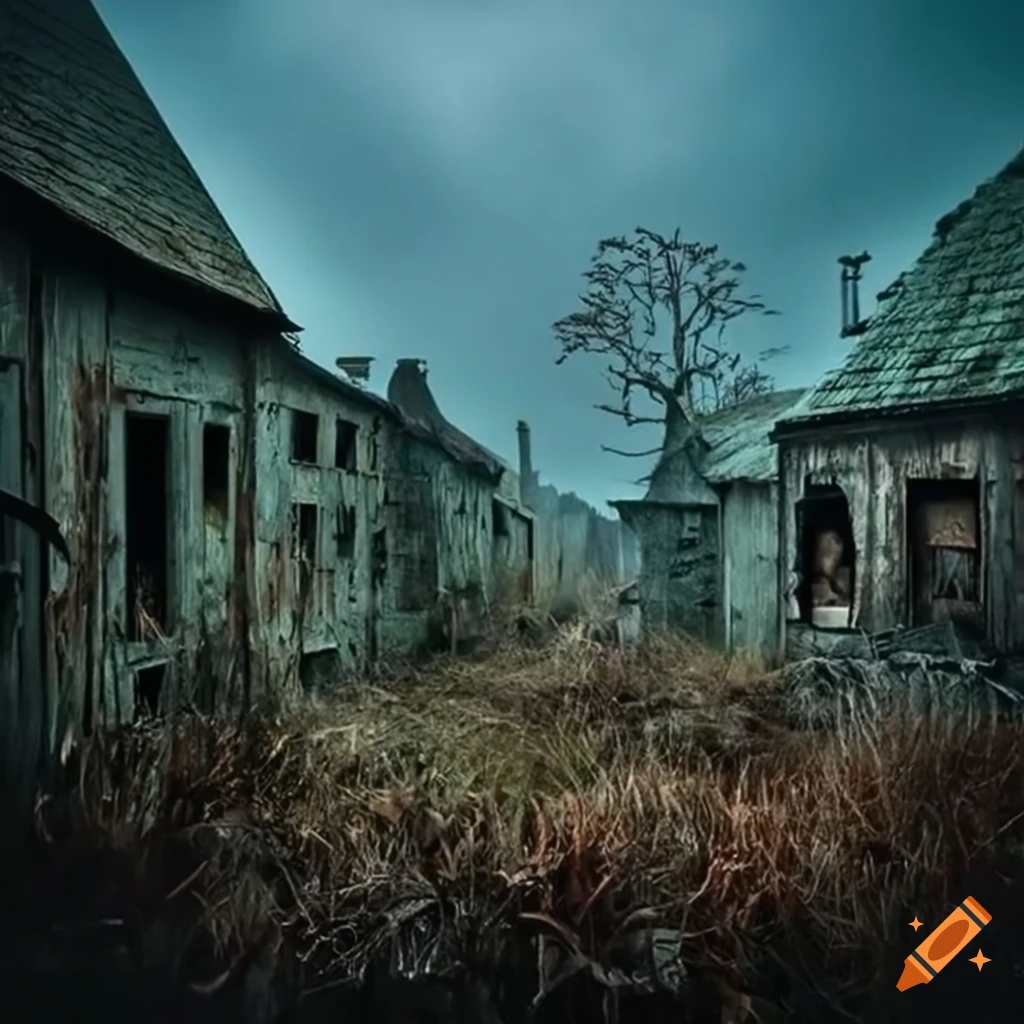 Image of an abandoned village with dying plants and stormy skies on Craiyon