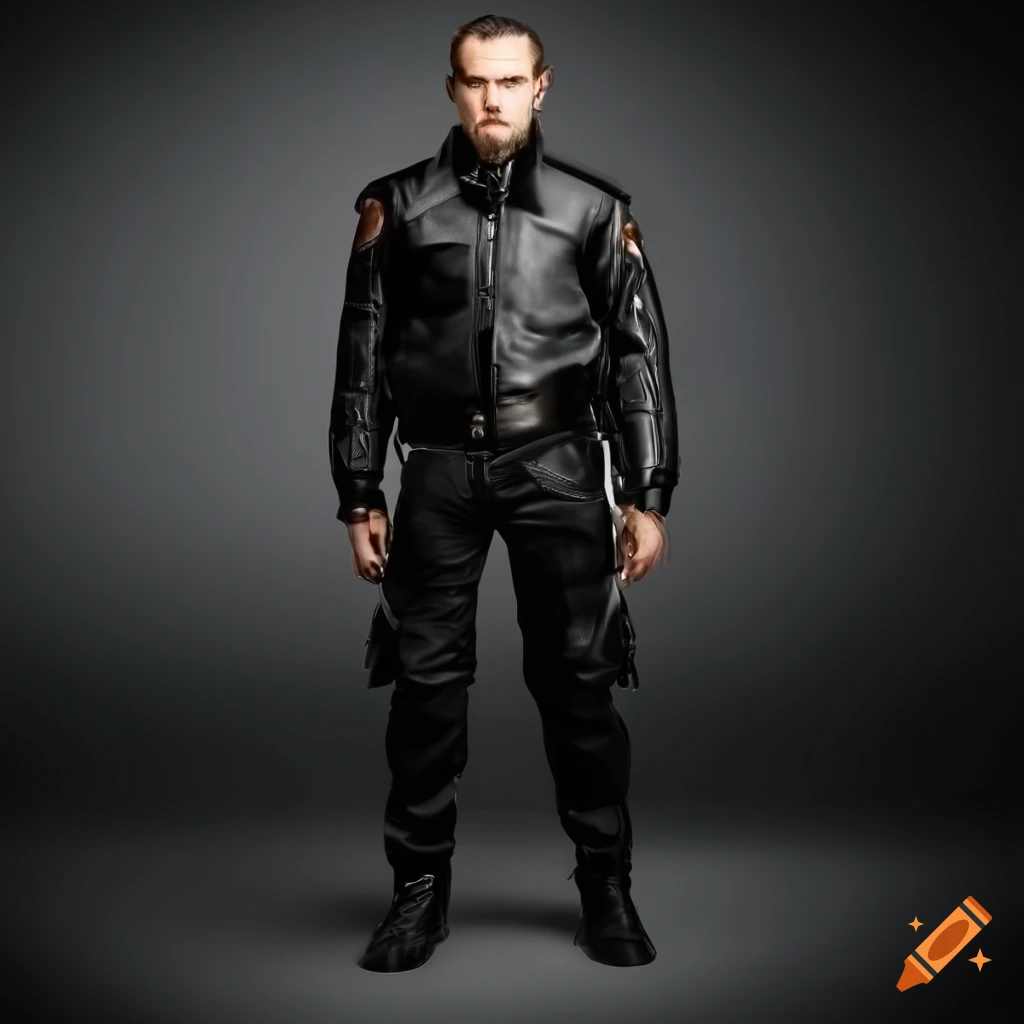 Male motorcycle cop in a black leather jacket on Craiyon