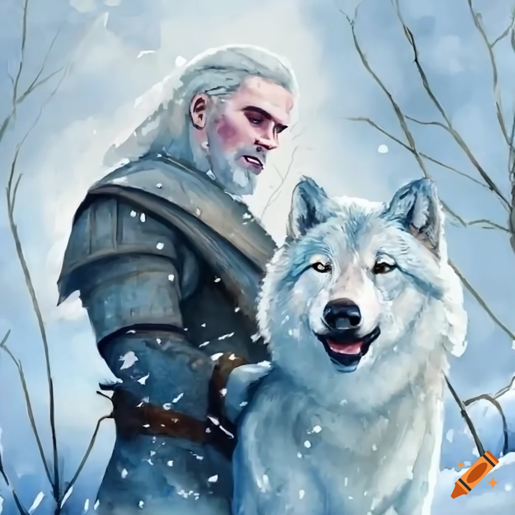 Geralt meeting a white wolf in the snow on Craiyon