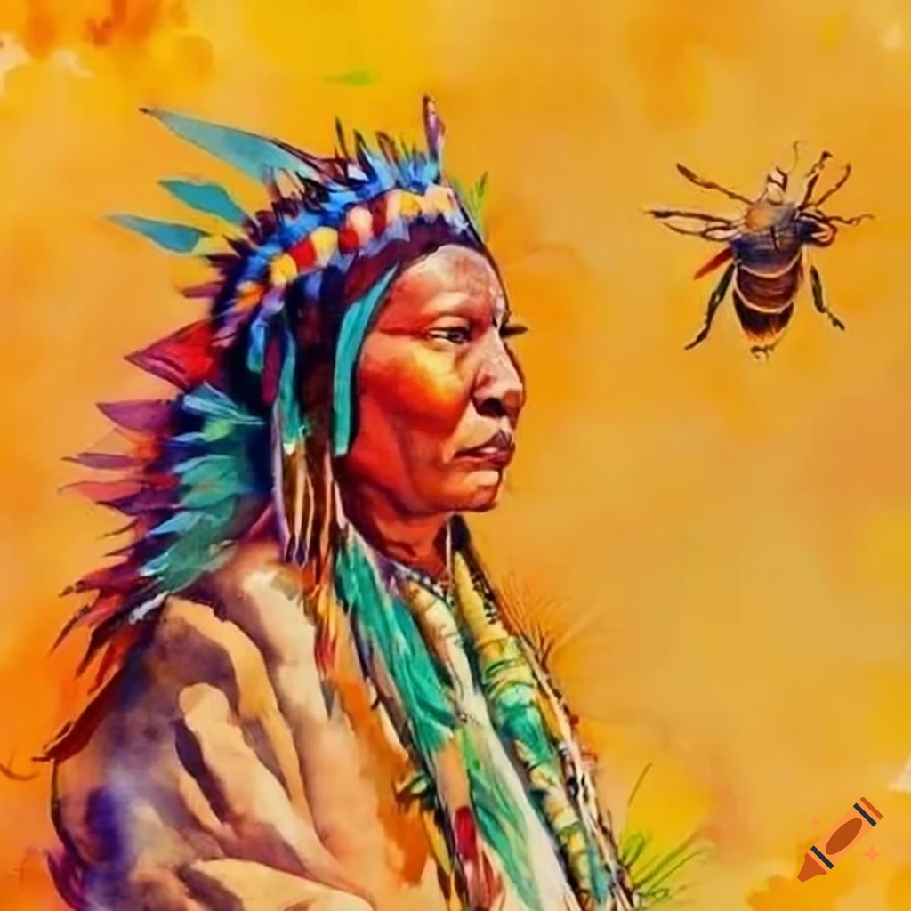 Native American artwork of a honeybee on hemp plant on Craiyon