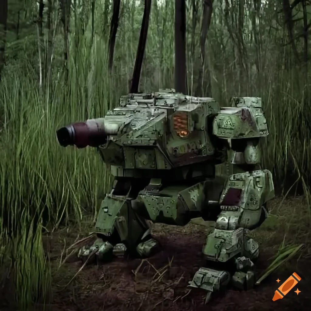 Front mission light armored mech in marsh at night on Craiyon