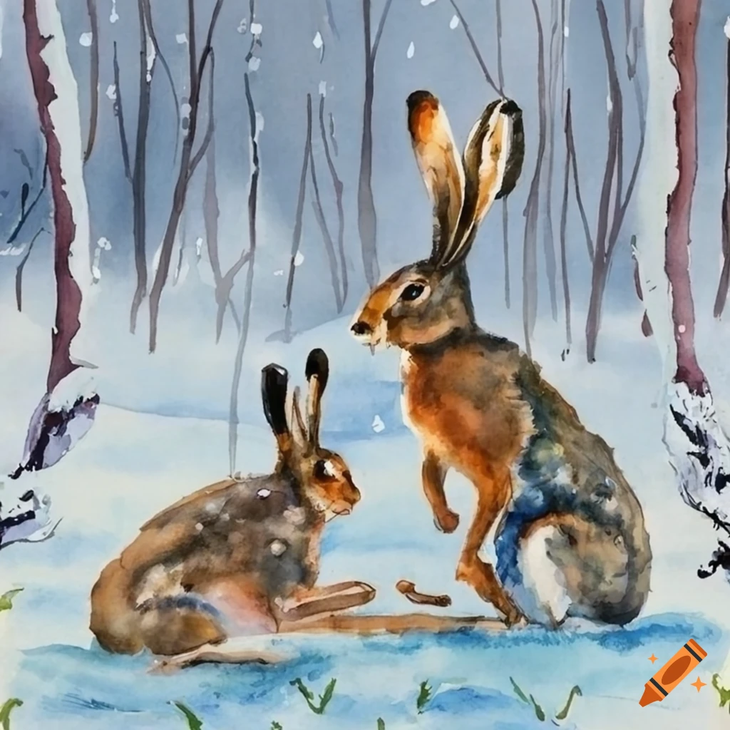 Watercolor painting of hares boxing in the snow