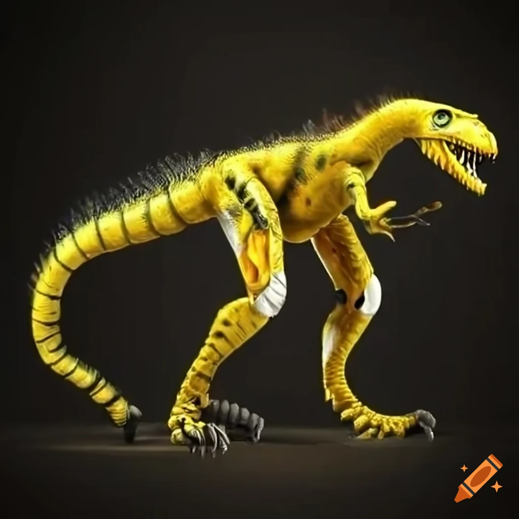 Front view of a yellow robotic velociraptor on Craiyon