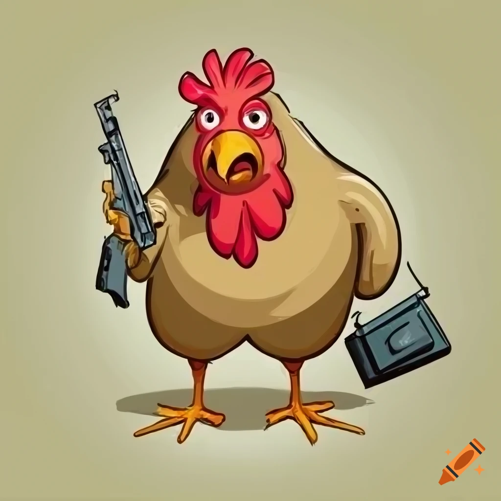 Cartoon chicken with a machine gun crossing the road on Craiyon