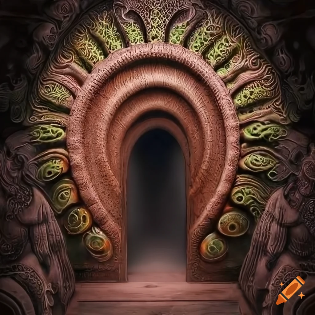 Clay door with cosmic design and natural elements