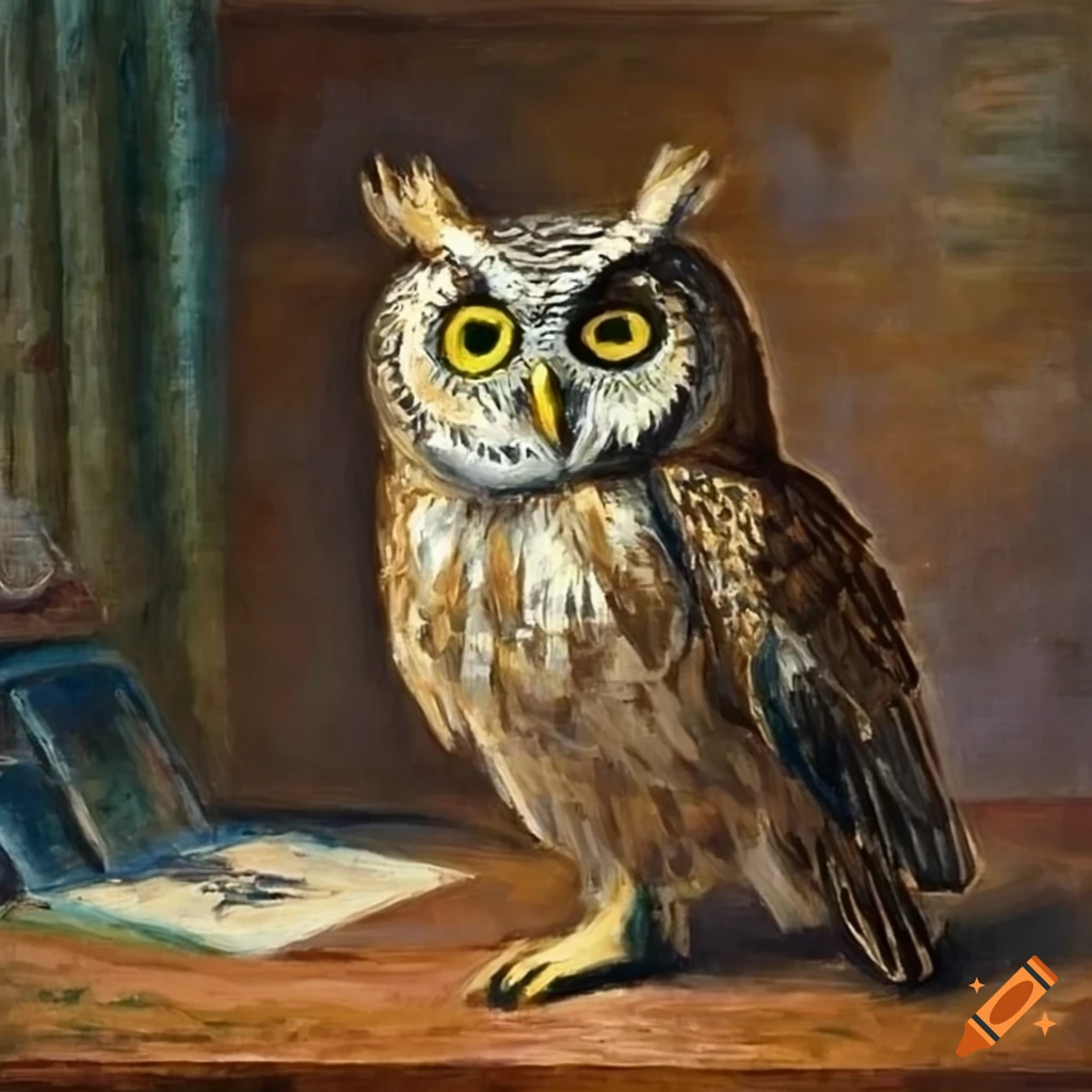 Masterful medieval painting of an abstract detailed athena owl in the ...