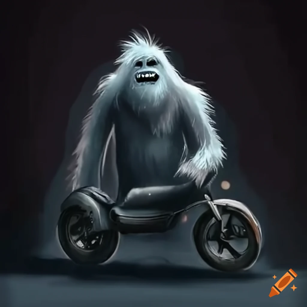 Humorous illustration of a Yeti riding a moped on Craiyon