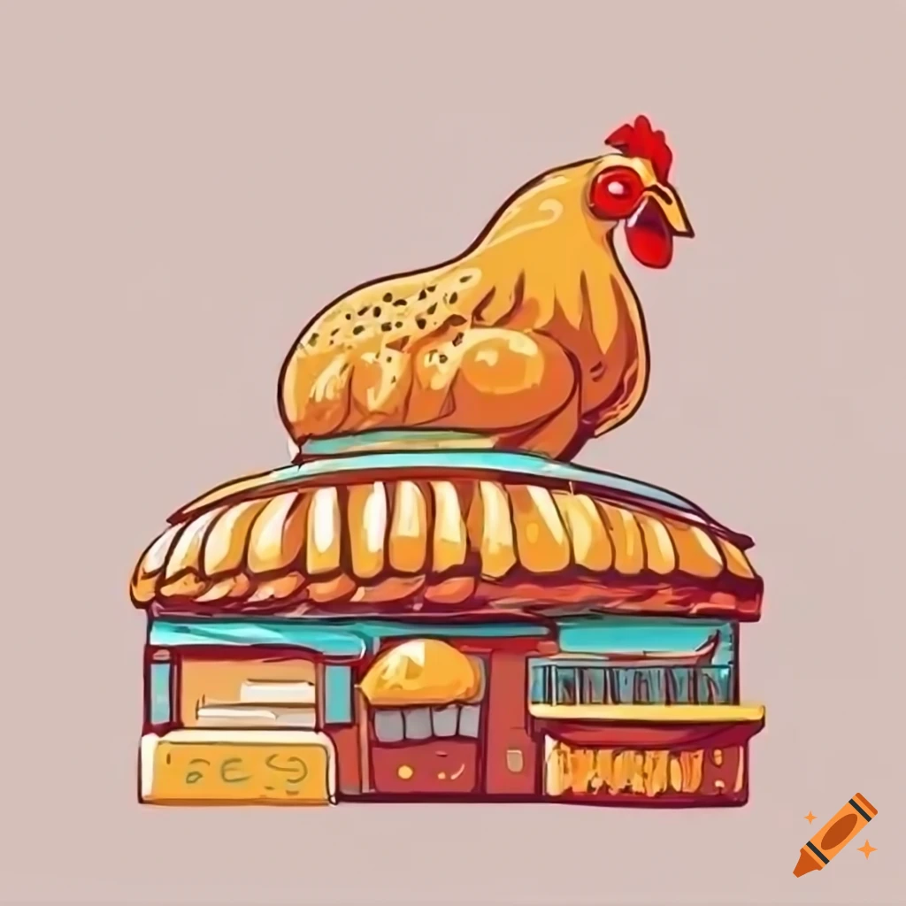 Cartoon fast food restaurant with giant chicken sign on Craiyon