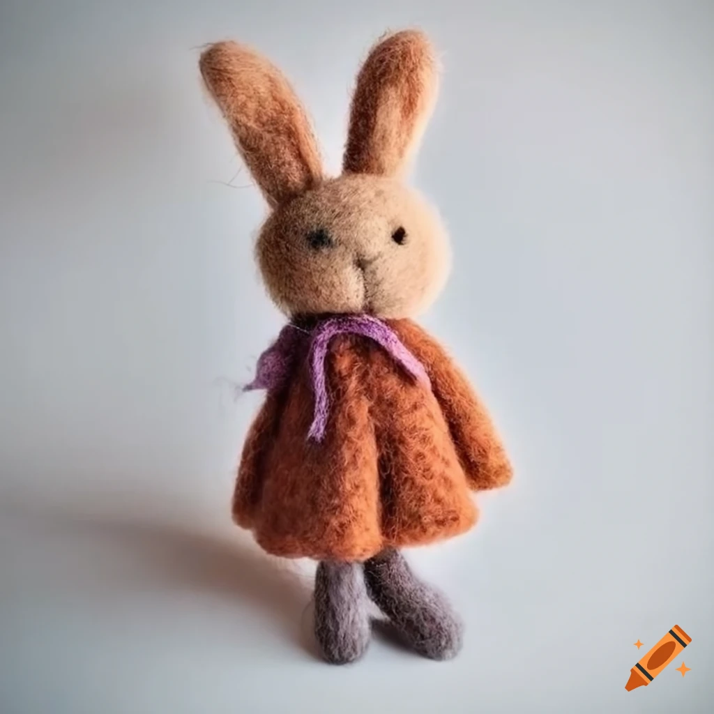 Cute rabbit doll in fancy clothes made of felted wool on Craiyon