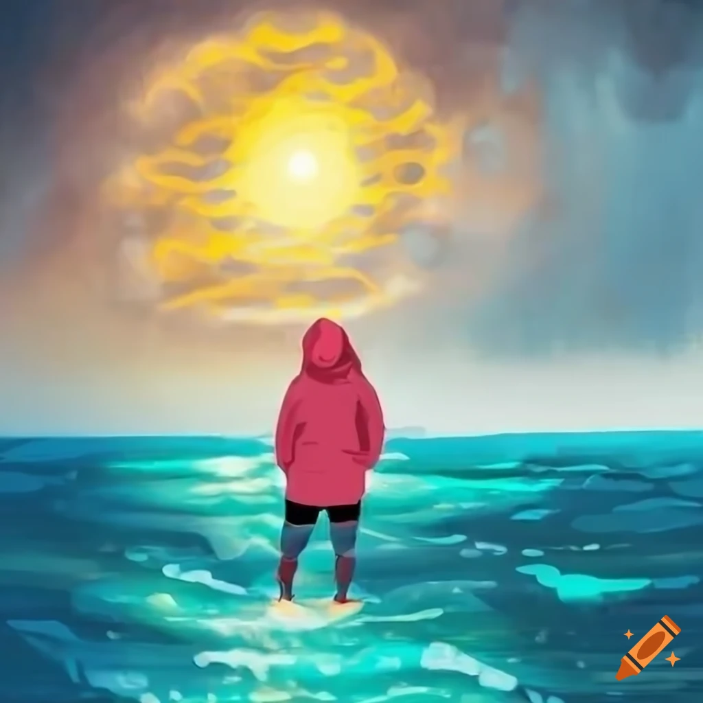 Surreal image of a boy driving towards the ocean on Craiyon