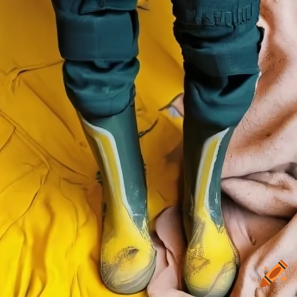 Close-up of black pants and rubber boots on a cozy blanket on Craiyon