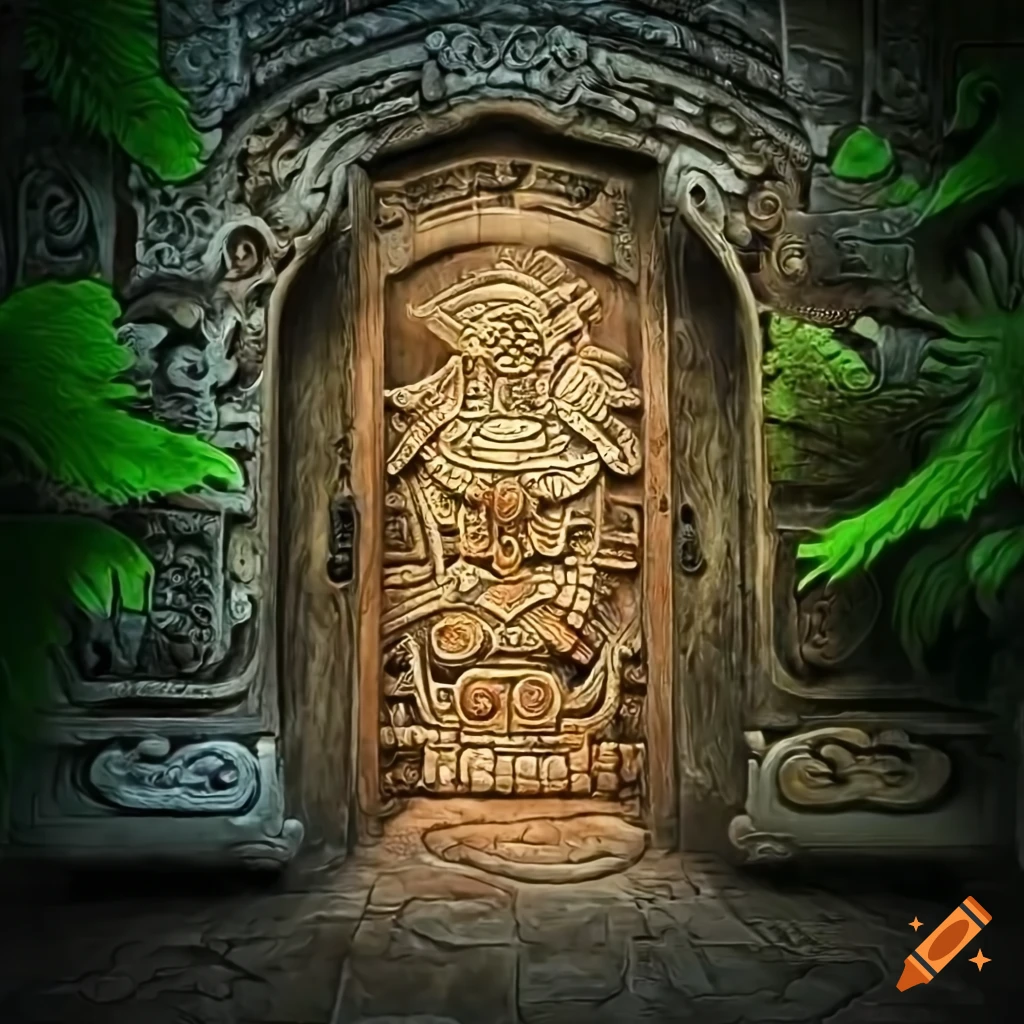 Baroque style door with mayan symbols and natural elements on Craiyon
