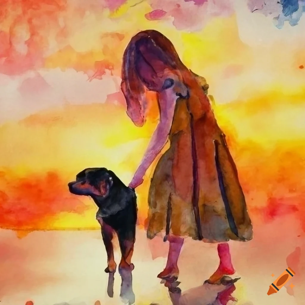 Silhouette of a lady watching sunset with two dogs on Craiyon