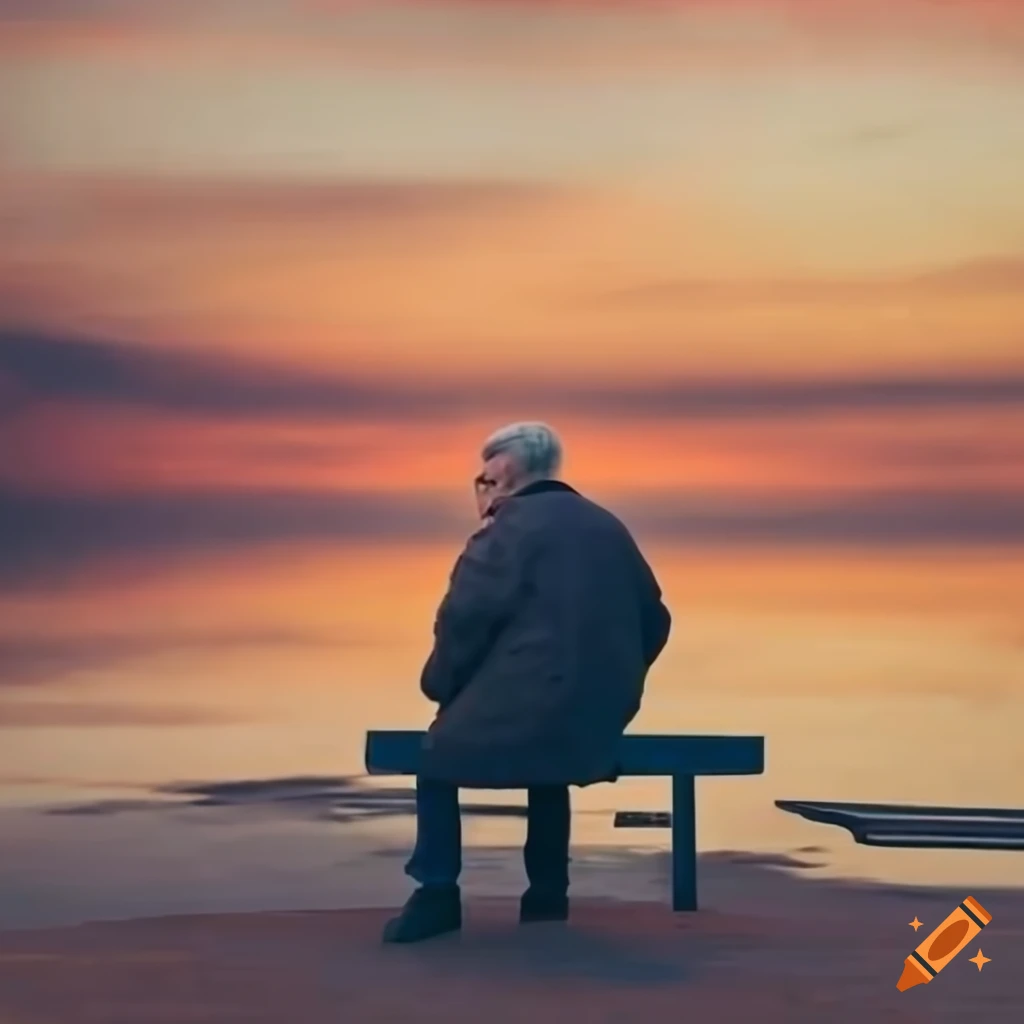 Old man enjoying sunset on a bench with a rock nearby on Craiyon