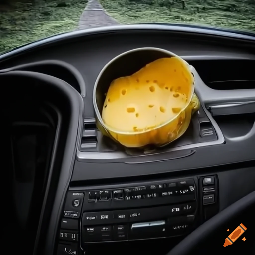 Cheese melting and spilling onto a car dashboard on Craiyon