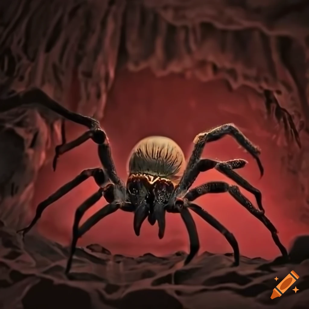 Mystic red background with a spider in a cave on Craiyon