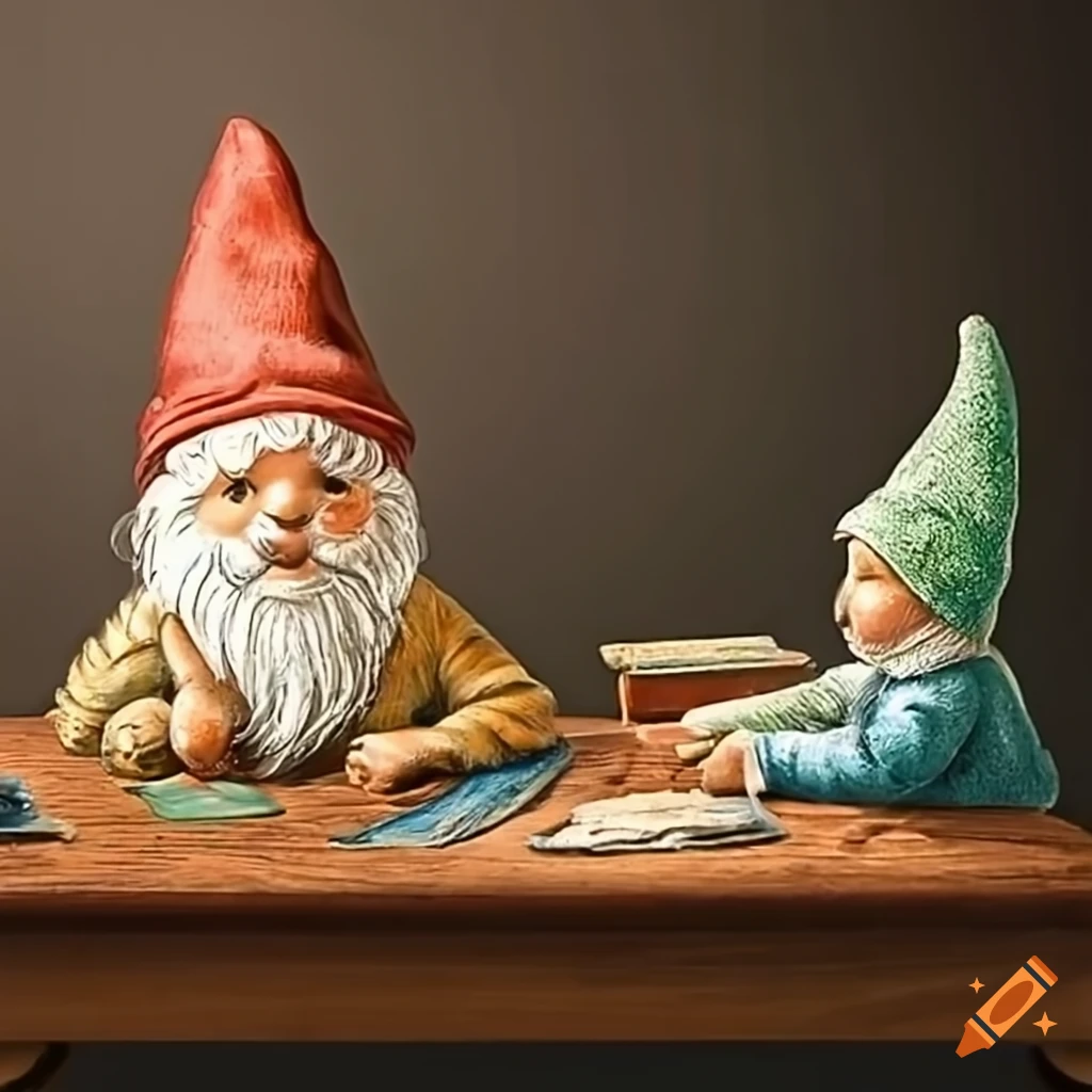 Beatrix Potter style illustration of gnomes at a school desk on Craiyon