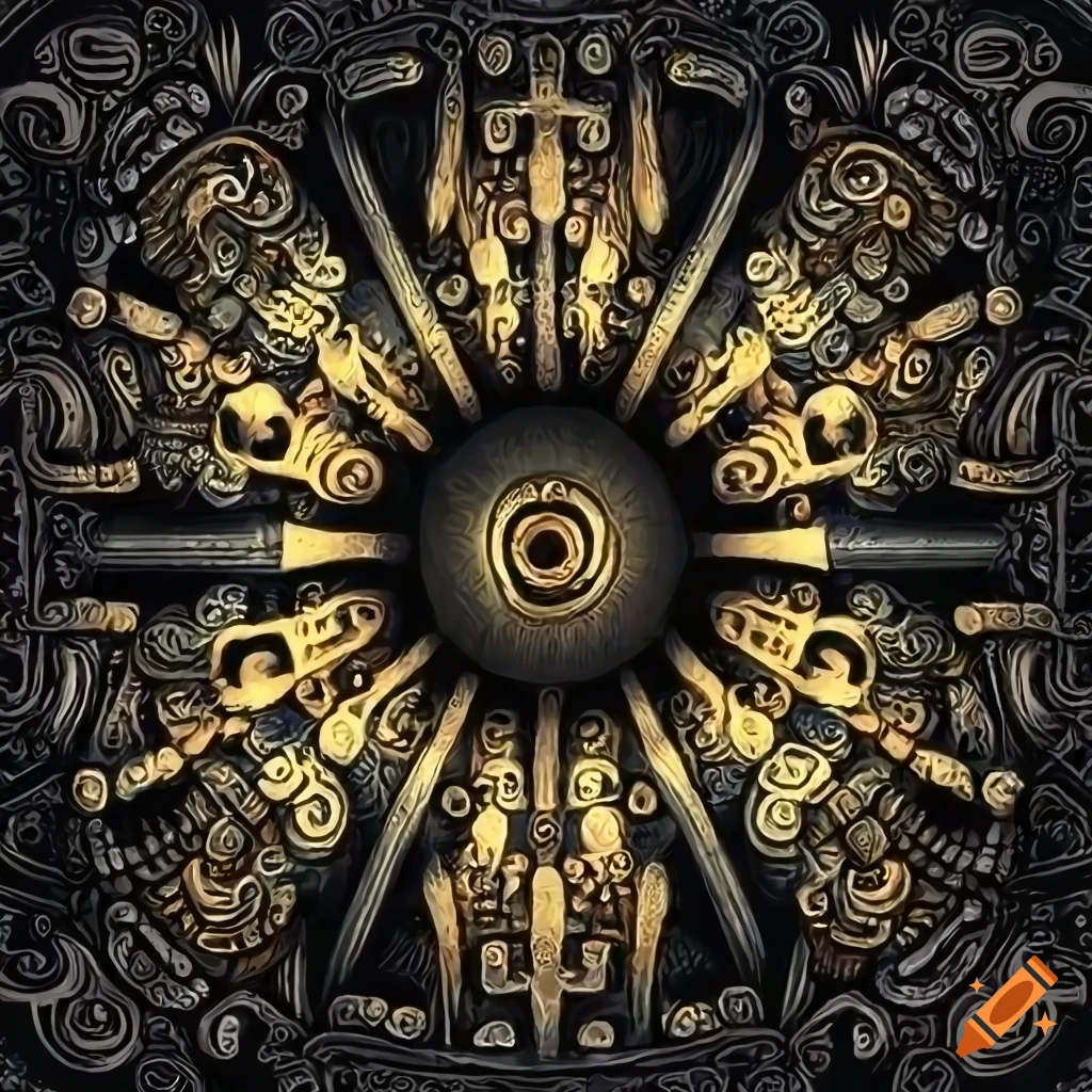 Aztec god of hunting circular logo on black background on Craiyon