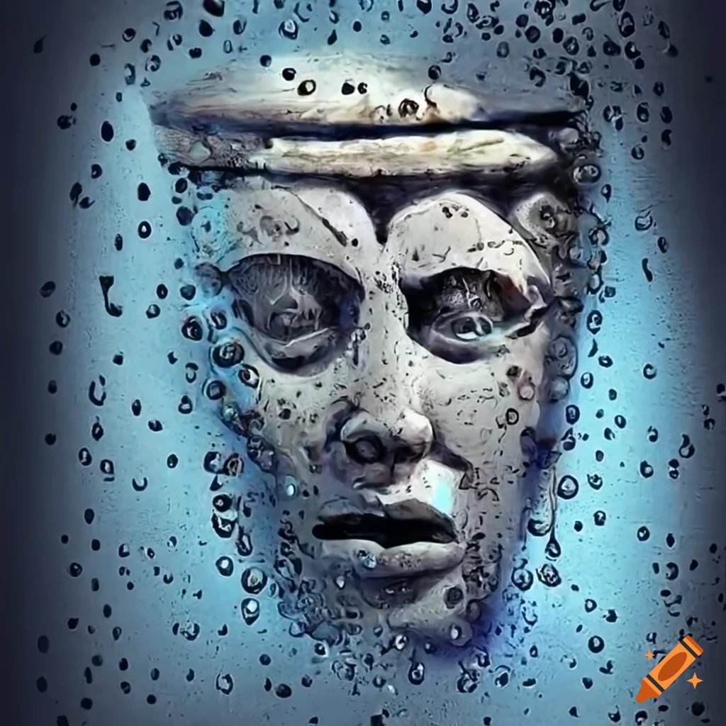 Stone face with waterdrops and flowing water
