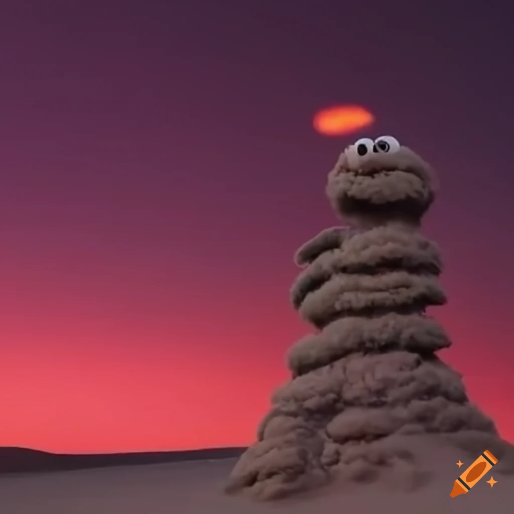 Elmo in the desert under a starry night sky