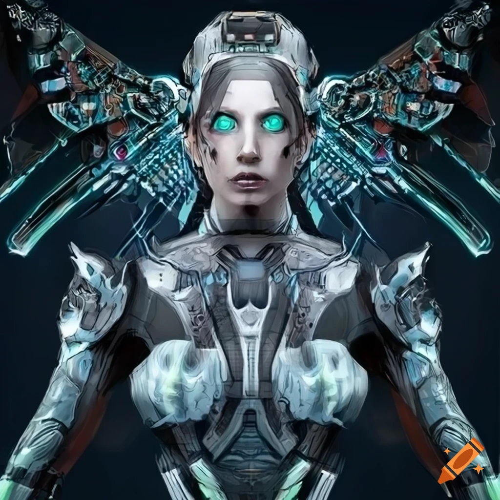 Cyborg valkyrie soldier with giant cyber wings on Craiyon
