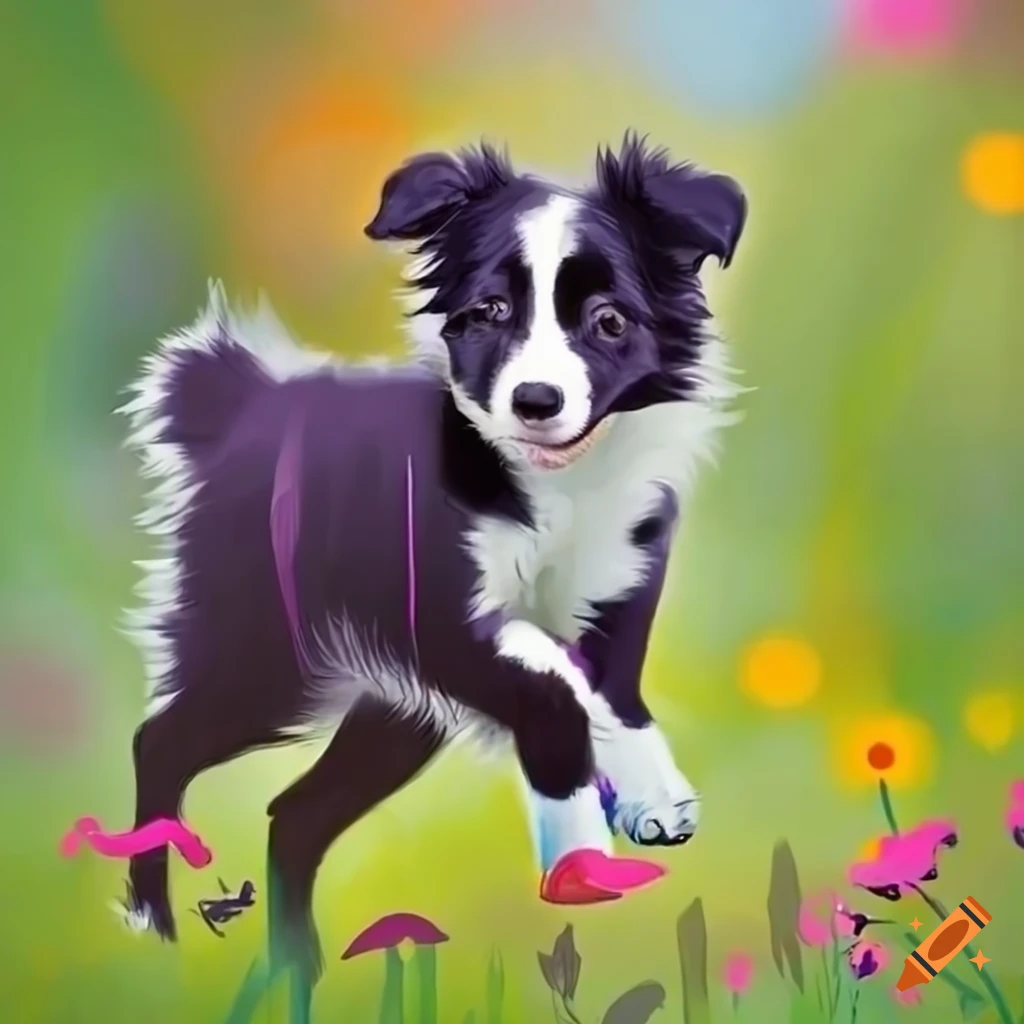 Painted illustration of a border collie puppy running in a meadow on ...