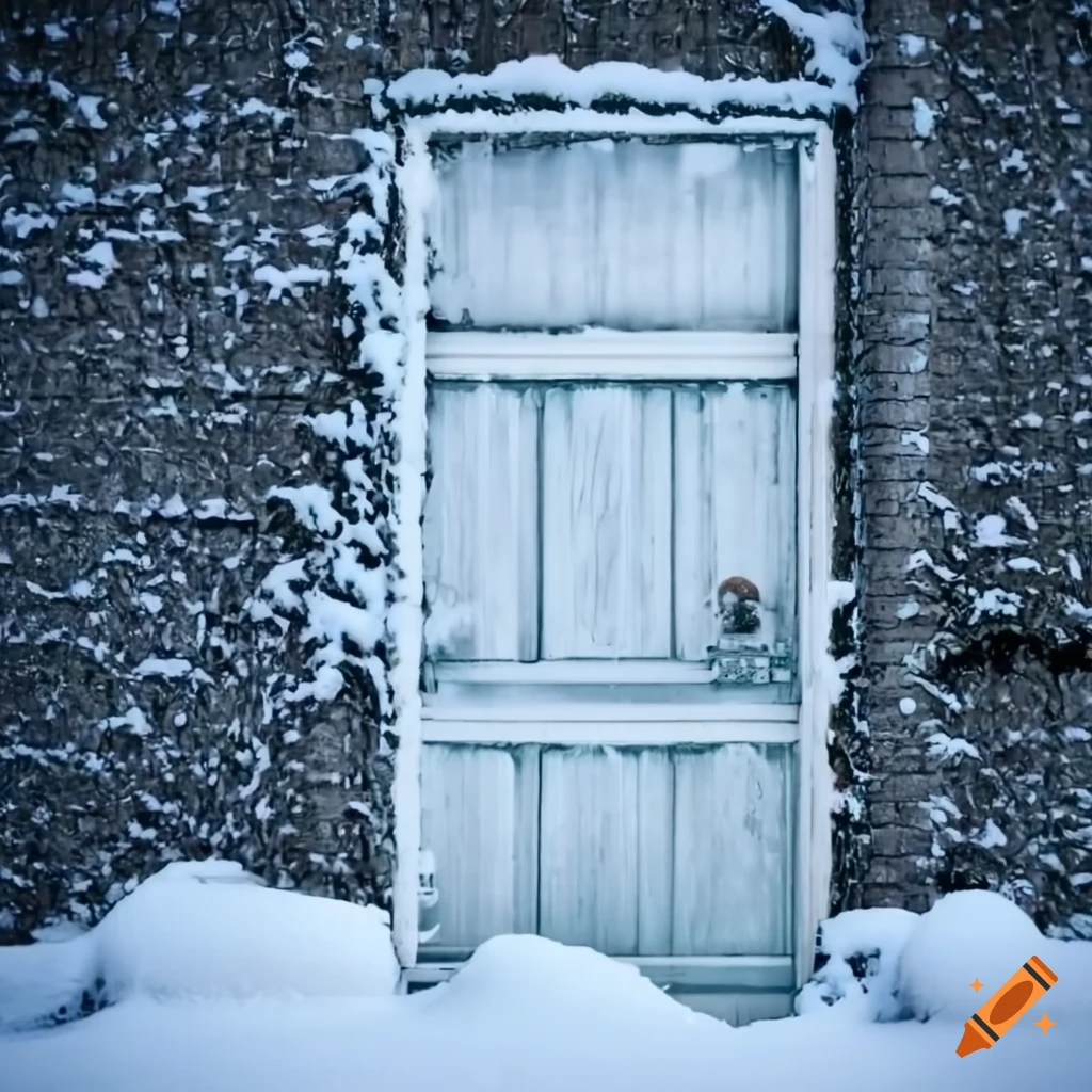 Close-up of a snowy winter house door on Craiyon